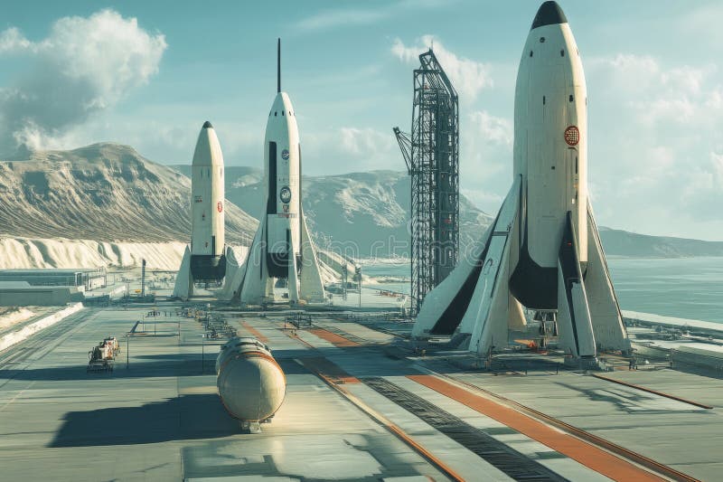 Spaceships Docked on Pristine Launch Pads Stock Photo - Image of ...