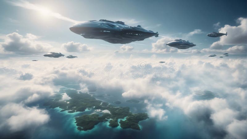 Spaceships on Earth Like Planet Flying through the Clouds. Extremely ...
