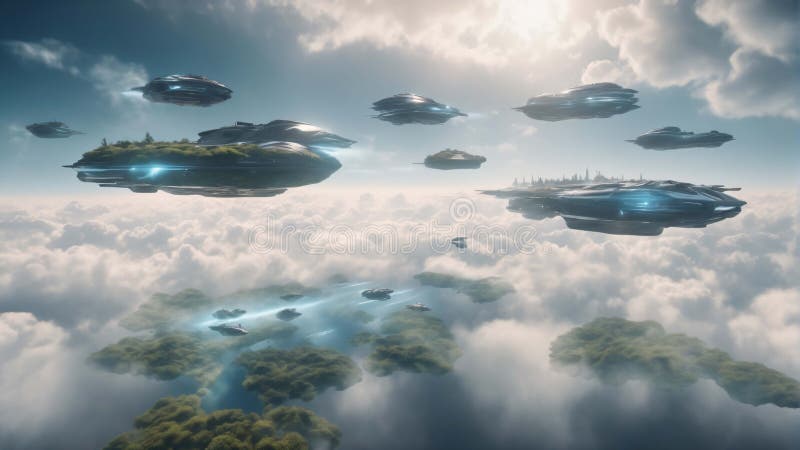 Spaceships on Earth Like Planet Flying through the Clouds. Extremely ...
