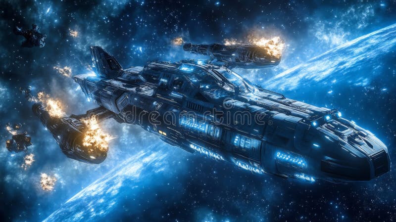 Spaceships in Epic Intergalactic Battle in Blue Cosmic Setting Stock ...