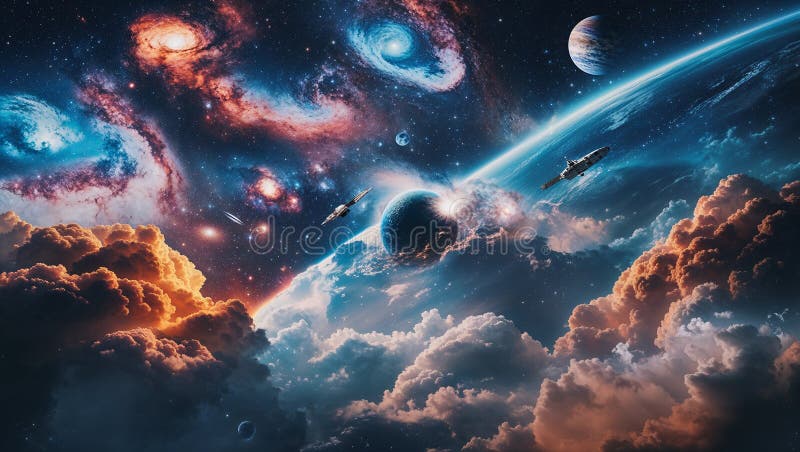 Spaceships Exploring Colorful Nebulae and Planets in Deep Space Stock ...