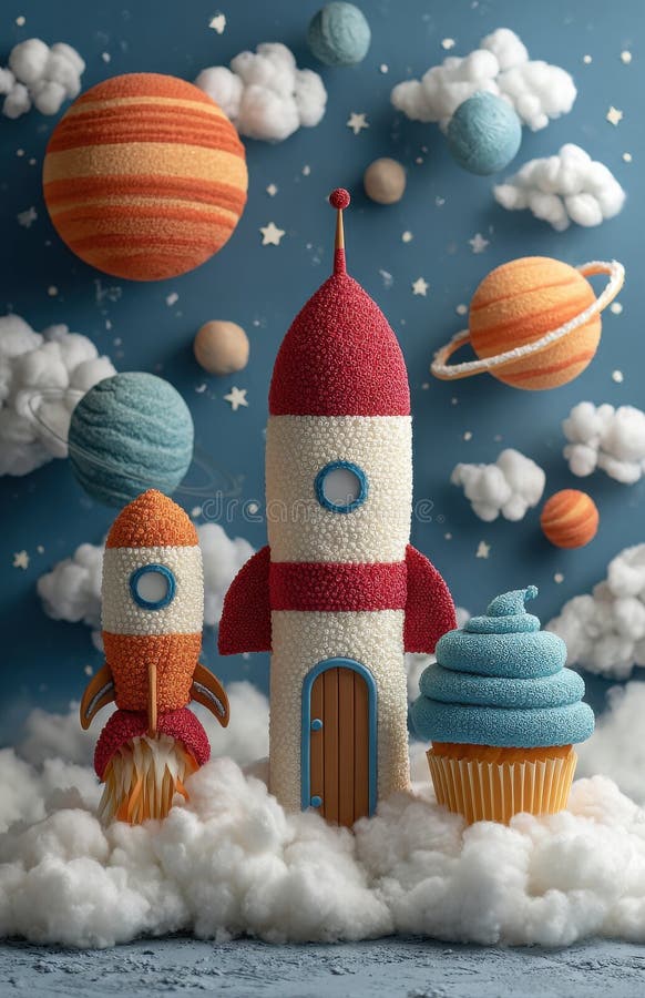 Spaceships Launching from Cloud Planet with Cupcake and Planets Stock ...