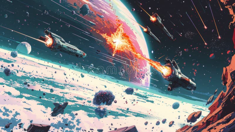 Spaceships Orbiting a Planet in Space during a Competition Event Stock ...