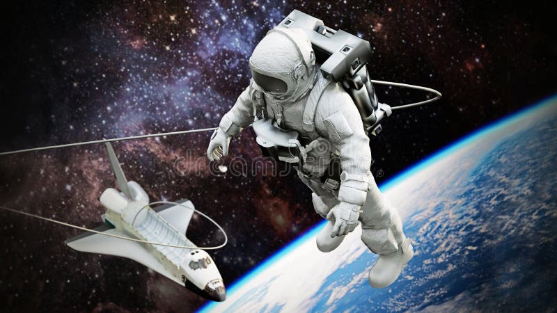 Spacewalking Astronaut with a View of the Earth and Space Shuttle at ...