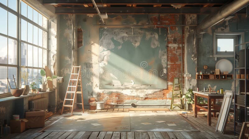 Spacious Abandoned Dilapidated Room with Big Windows Stock Image ...
