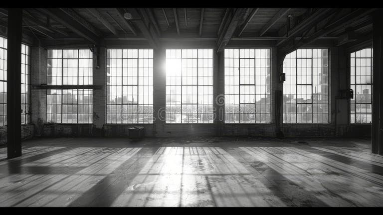 Spacious Abandoned Textile Mill with Large Windows Casting Shadows on ...