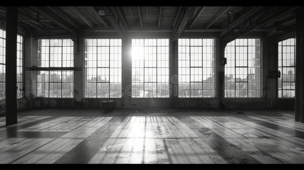 Spacious Abandoned Textile Mill with Large Windows Casting Shadows on ...