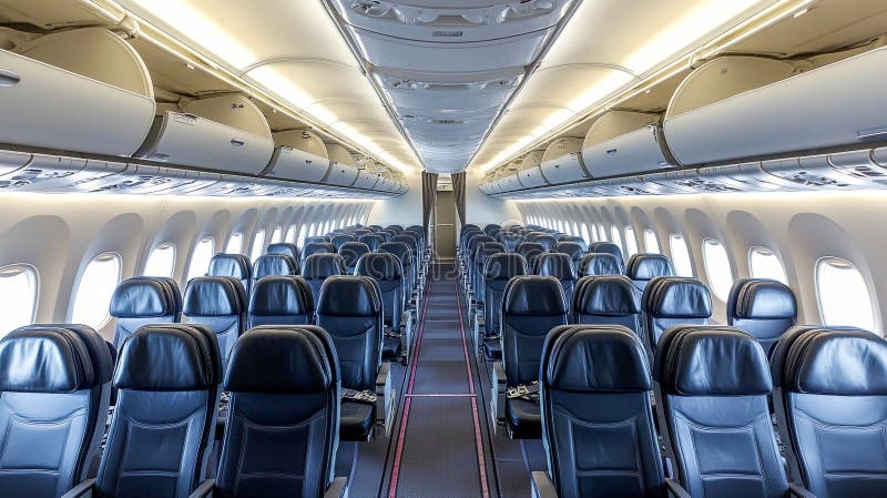 Empty Airplane Cabin with Spacious Seating Arrangement in Bright ...