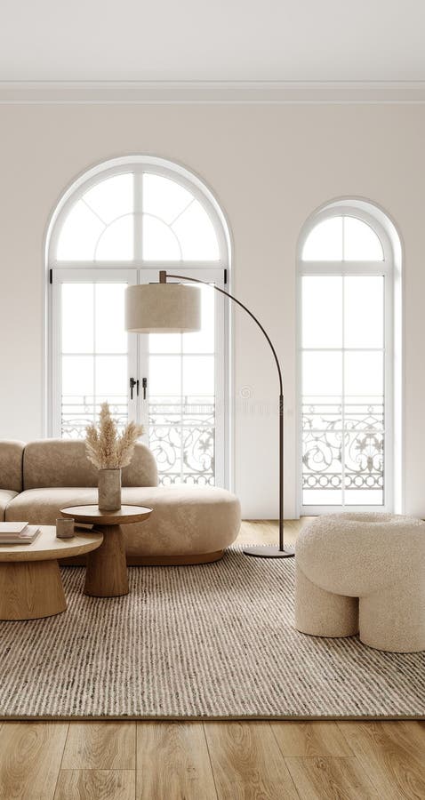 Spacious and Airy Boho Chic Living Room with Curved Sofa and Natural ...