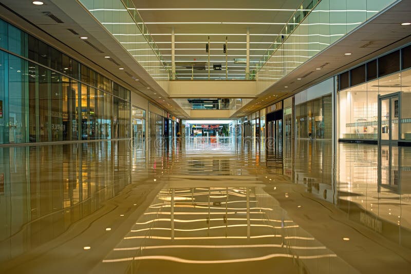 Spacious Atrium Interior Flooded by Ankle-deep Water, Reflecting High ...