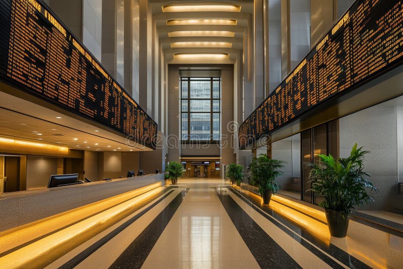 Modern Atrium of a Financial Building Featuring Digital Displays and ...