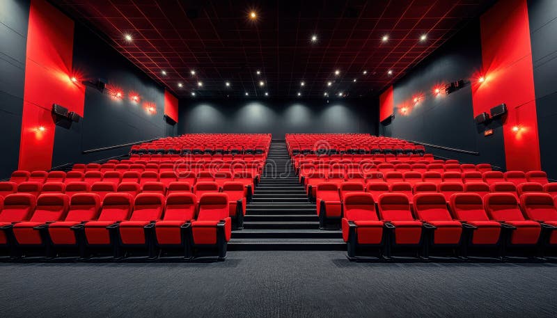 Modern Auditorium with Red Seating and Dim Lighting in a Cinematic ...
