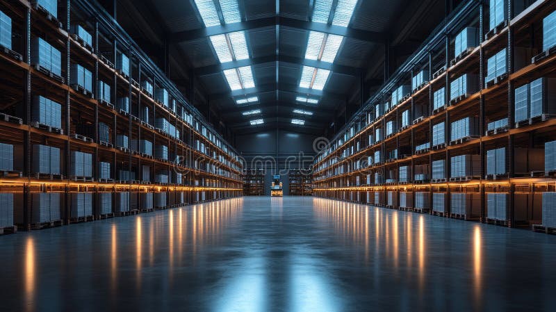 A Spacious Automated Warehouse with Rows of Shelves and Illuminated ...