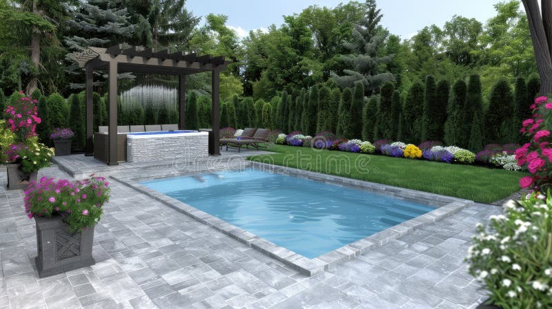 A Spacious Backyard Features a Large, Rectangular Swimming Pool with a ...