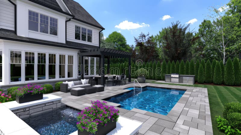 A Spacious Backyard Features a Large, Rectangular Swimming Pool with a ...