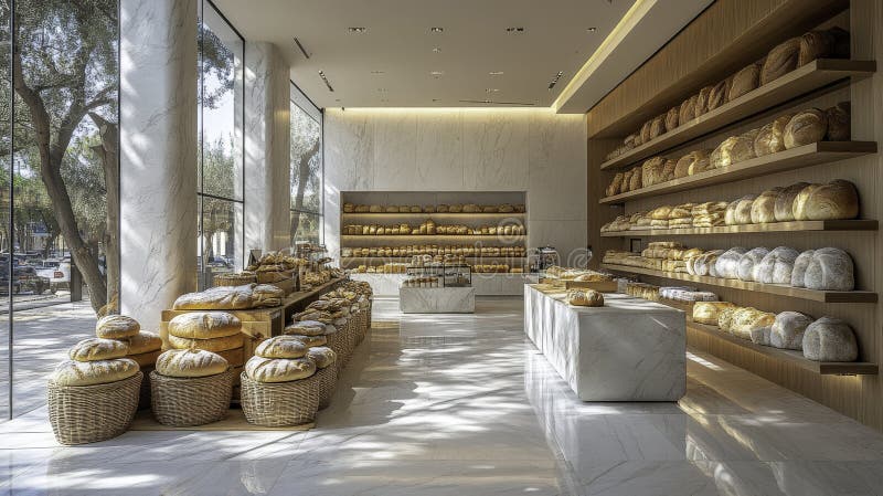Bright, Modern Bakery Interior with Abundant Bread Displays and Large ...
