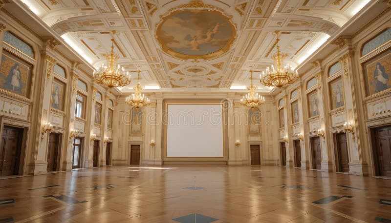 Spacious Ballroom Interior with Ornate Decor and Blank Display Screen ...