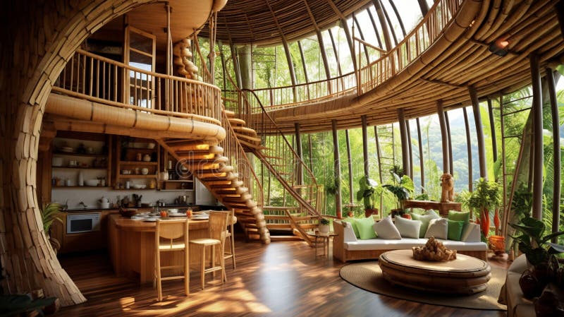 Spacious Bamboo House Interior with a Staircase. AI-generated Stock ...