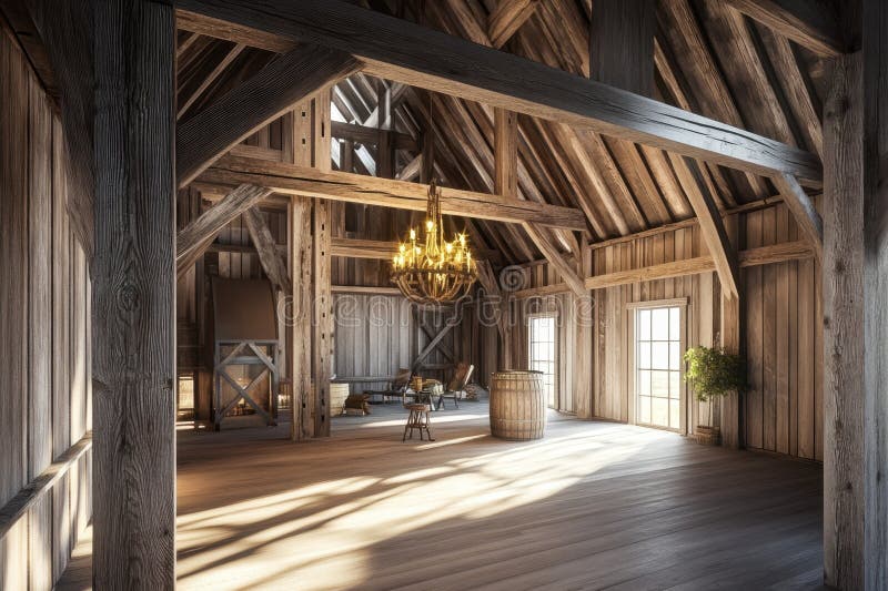 Spacious Barn Interior with Wooden Beams and Natural Light in a Rustic ...