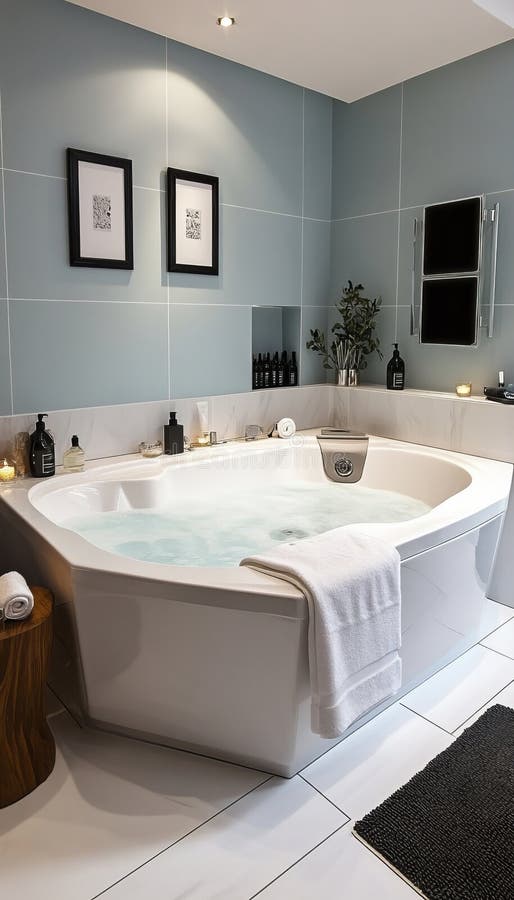 Spacious Bathroom with a Large, Luxurious Oval Jacuzzi Tub, Illuminated ...