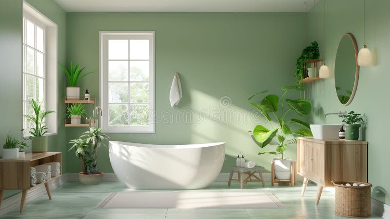 Spacious Bathroom Setting Featuring a Freestanding Tub with Plants ...