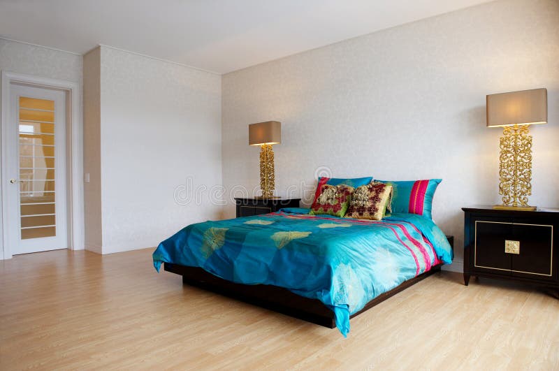 Spacious Bedroom with Modern Furniture Stock Image - Image of hardwood ...