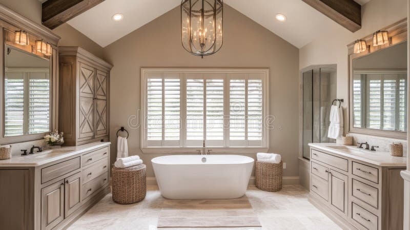 Spacious Beige Master Bathroom with Freestanding Tub Stock Illustration ...