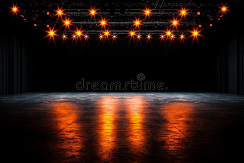 Spacious Black Studio with Bright Orange Stage Lights Illuminating ...