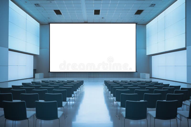 Spacious Blue-themed Conference Room with a Blank Screen, Rows of ...