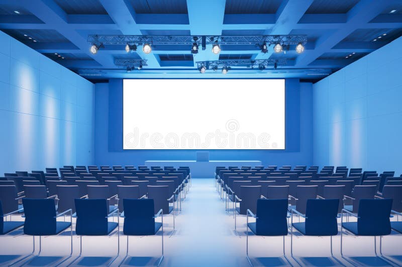 Spacious Blue-themed Conference Room with a Blank Screen, Rows of ...