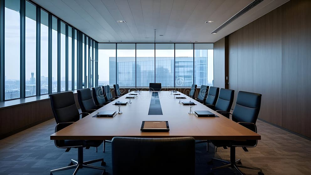 Elegant Boardroom with Panoramic City View Stock Photo - Image of ...