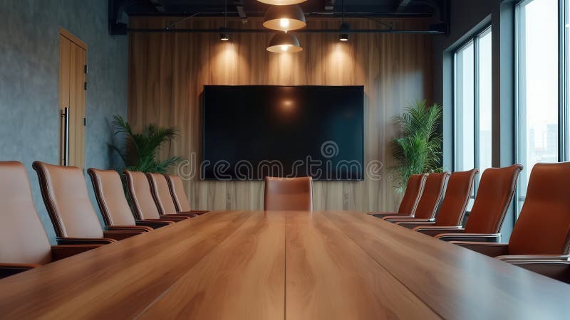 Spacious Boardroom with a Long Wooden Table, Leather Chairs, and Large ...