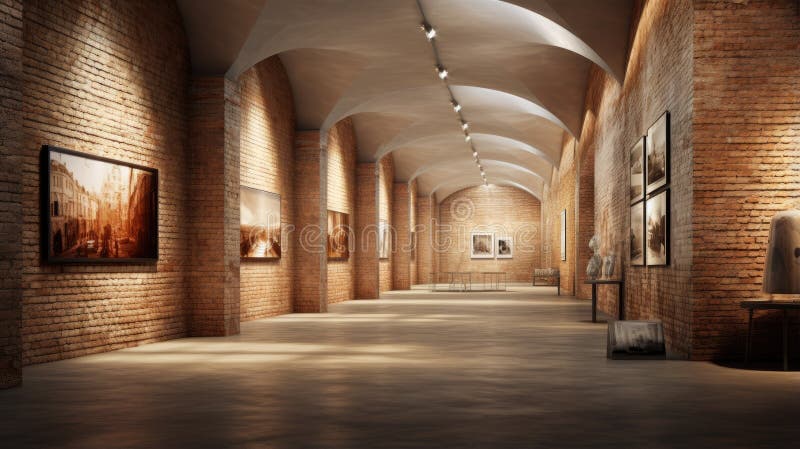 A Spacious Brick Concrete Hall in Soft, Light Colors, Illuminated by an ...