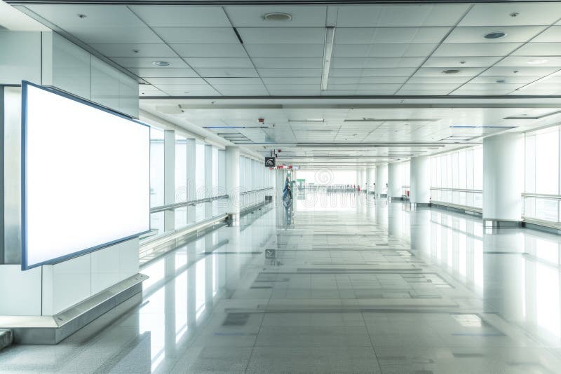 Spacious and Bright Airport Corridor with Empty Advertising Display ...