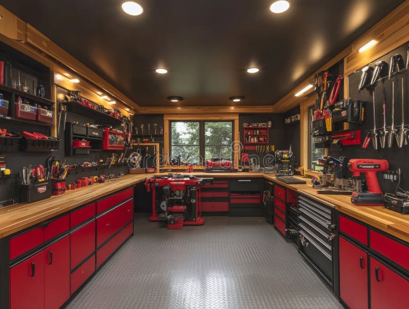 Spacious and Bright Garage Workshop Featuring Multiple Workbenches and ...