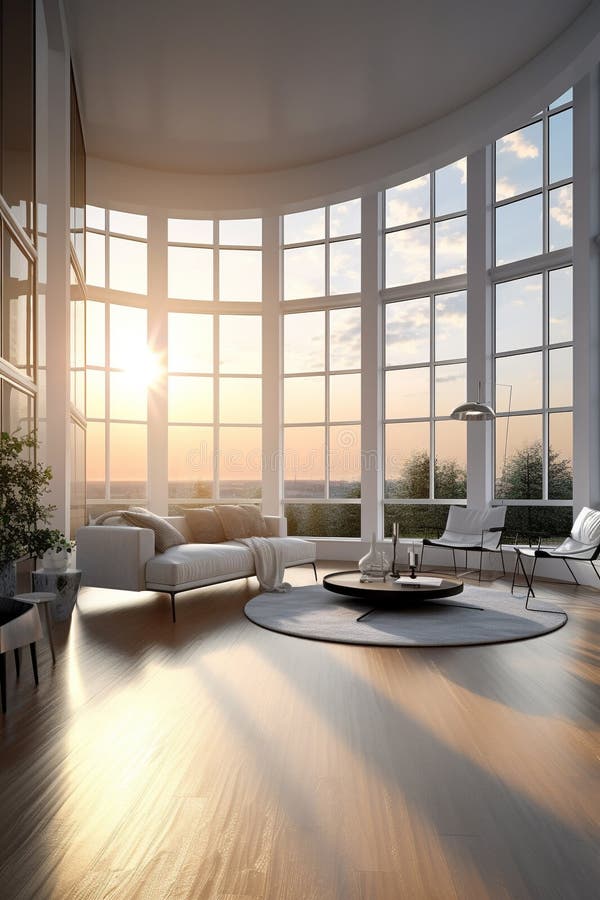 Spacious Bright Living Room with Panoramic Windows. AI Generated Stock ...