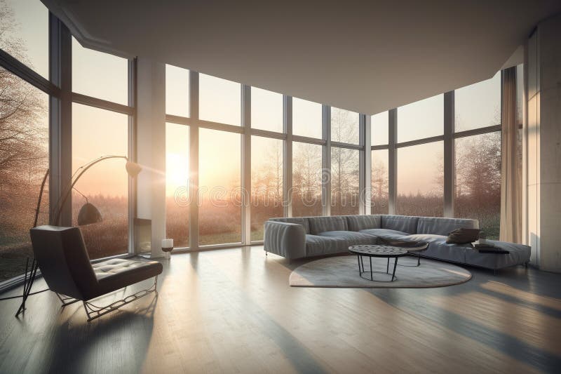 Spacious Bright Living Room with Panoramic Windows. AI Generated Stock Illustration ...