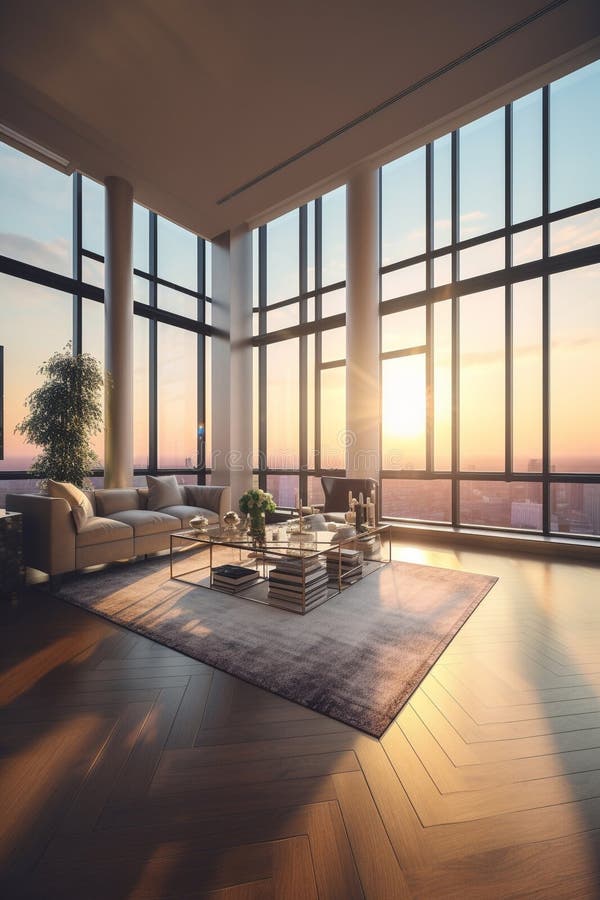 Spacious Bright Living Room with Panoramic Windows. AI Generated Stock ...