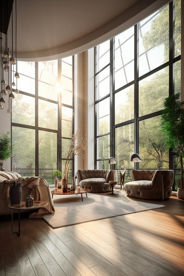 Spacious Bright Living Room with Panoramic Windows. AI Generated Stock ...