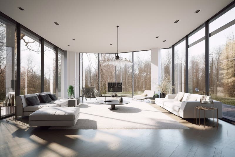 Spacious Bright Living Room with Panoramic Windows. AI Generated Stock ...