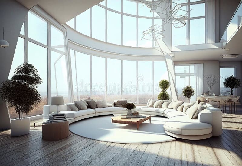 Spacious Bright Living Room with Panoramic Windows. AI Generated Stock ...