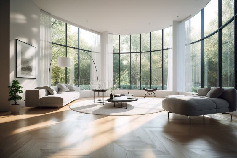 Spacious Bright Living Room with Panoramic Windows. AI Generated Stock ...