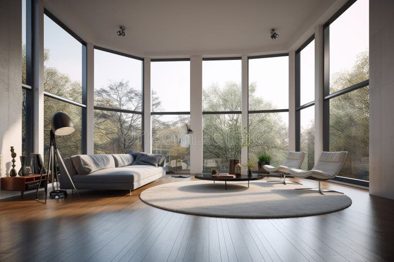 Spacious Bright Living Room with Panoramic Windows. AI Generated Stock ...