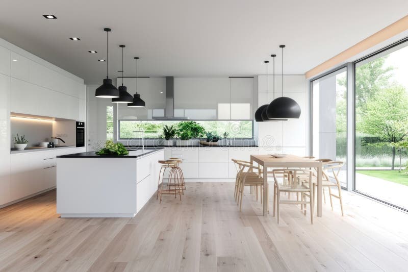 Spacious Bright Monochrome Kitchen Interior in a Modern Cottage. White ...