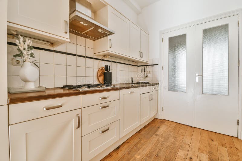 Spacious Bright White Kitchen with Corridor Stock Image - Image of ...