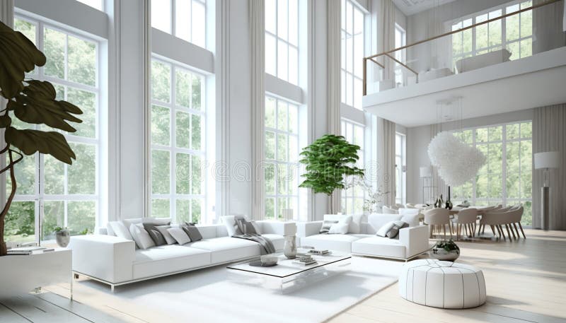 A Spacious and Bright White Living Room with Large Windows, Generative ...