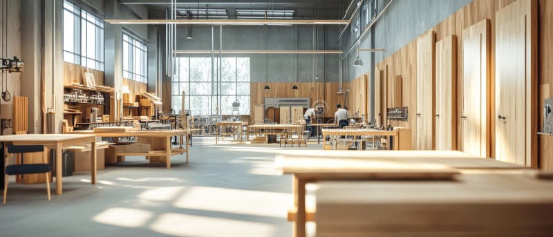 Spacious Carpentry Workshop Featuring Wooden Worktables, Bright ...