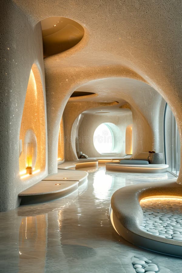 Spacious Cave-like Room with Pool and Benches Along the Sides ...