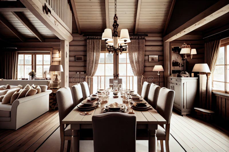 Spacious Chalet Interior with Big Dining Table on Chalet in Beige Tones ...