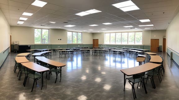 A Spacious Classroom Arranged in a Circular Layout with Tables and ...